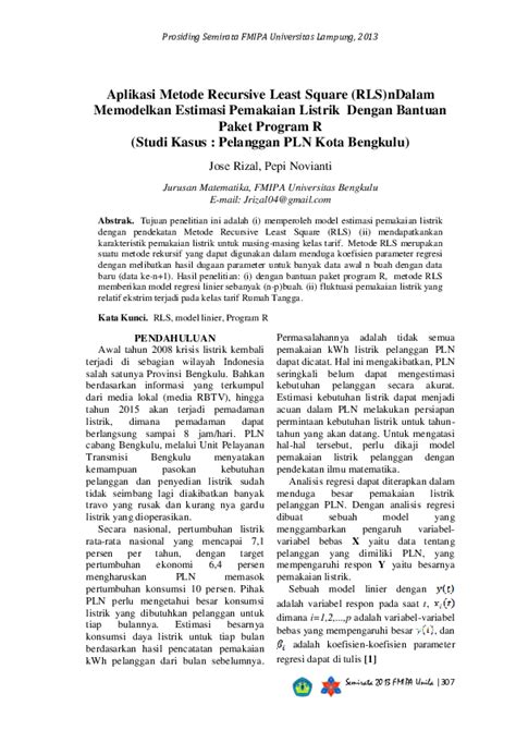 Pdf Aplikasi Metode Recursive Least Square Rls N Dalam Memodelkan Estimasi Pemakaian Listrik