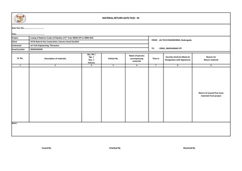 Return Material Gate Pass In Pdf Fuels Chemical Process Engineering