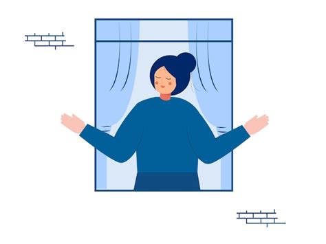 Premium Vector Young Woman Opens The Window Shutters And Breathes In The Fresh Air Concept Of