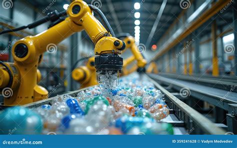 Automated Recycling Facility Shows Robotic Arms Sorting Recyclables On Conveyor Belt Eco