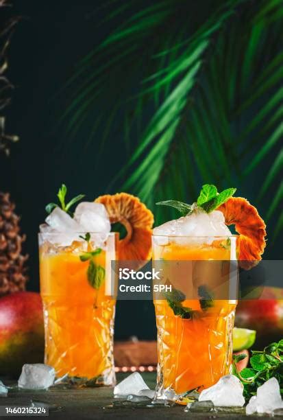 보드카 파인애플 주스 망고 주류 얼음을 곁들인 알코올 칵테일 긴 음료 또는 여름 목테일 야자수 잎과 이국적인 과일이있는 열대 어두운 배경 과일에 대한 스톡 사진 및 기타