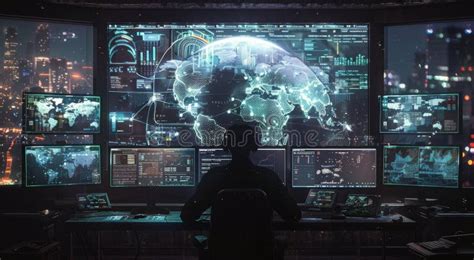 Silhouetted Hacker Monitoring Global Data Network With Multiple