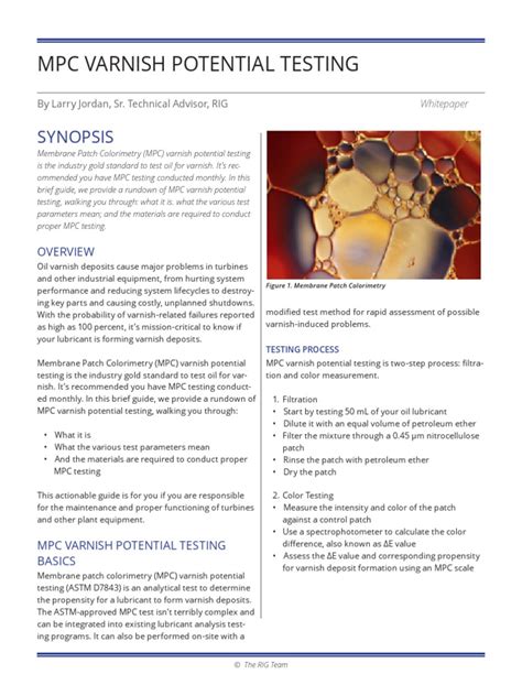 Mpc Varnish Potential Testing Pdf Lubricant Varnish