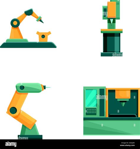 Cnc Machine Icons Set Cartoon Vector Comp Numerical Controlled Milling