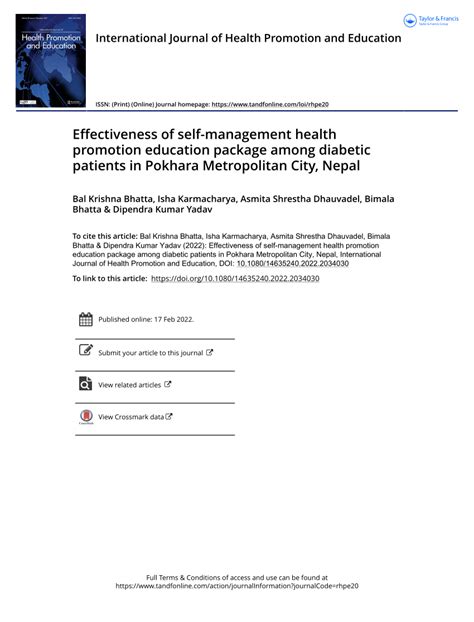Pdf Effectiveness Of Self Management Health Promotion Education Package Among Diabetic