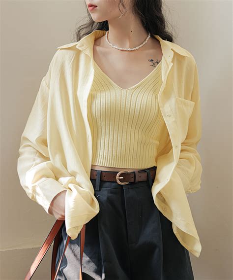 나시탑 셔츠 투피스 카라넥 로우숄더 긴팔 루즈핏 하프 셔츠 And 브이넥 끈나시 골지 단색 크롭 니트탑 세트 봄 여름 간절기 셋업 캐주얼 실용적인 심플 베이직