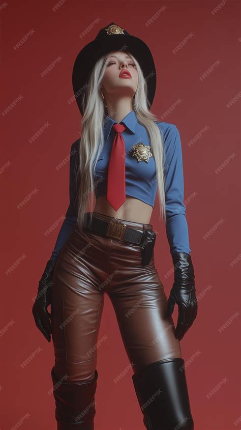 Full Body Shot Of Female Police Officer In Leather Pants Uniform And