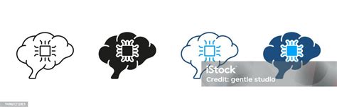 현대 기술 인간의 두뇌 및 네트워크 칩 실루엣 및 라인 아이콘 설정 Ai 혁신 신경 과학 인공 지능 검정 및 색상 기호 컬렉션 격리된 벡터 그림 검은색에 대한 스톡 벡터