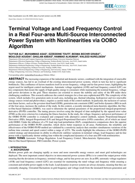 Pdf Terminal Voltage And Load Frequency Control In A Real Four Area Multi Source
