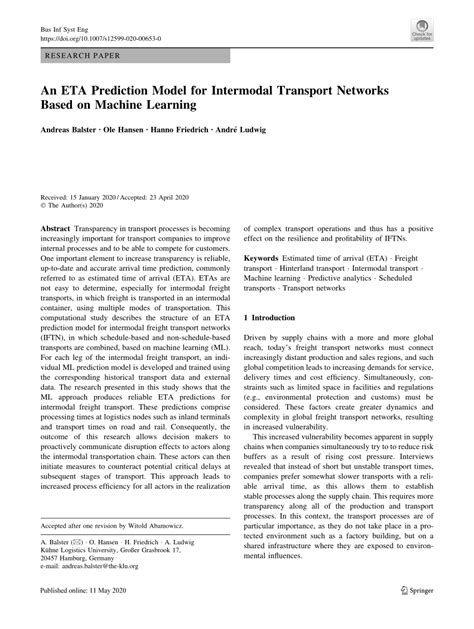 Pdf An Eta Prediction Model For Intermodal Transport Networks Based