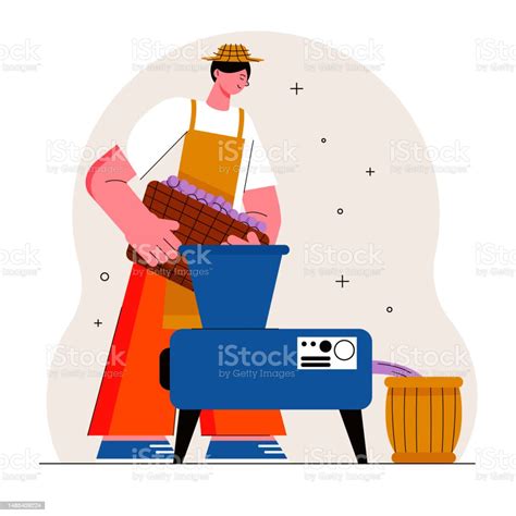 포도가 담긴 큰 바구니를 들고 포도 주스를 만들기 위해 기계에 붓는 남자 가정의 방에 대한 스톡 벡터 아트 및 기타 이미지 가정의 방 개념 건강관리와 의술 Istock