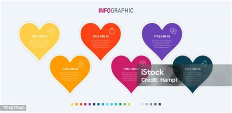 다채로운 다이어그램 인포 그래픽 템플릿 6 하트와 타임 라인 사랑의 휴일을위한 모듈 형 워크 플로우 프로세스 벡터 디자인 따뜻한 팔레트 개념에 대한 스톡 벡터 아트 및 기타
