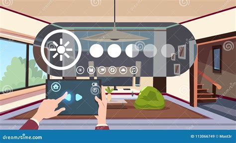 Hand Use Digital Tablet With Smart Home App Automation Over Living Room