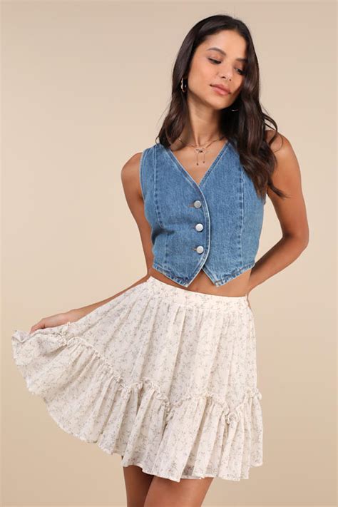Ivory Floral Ruffled Skirt Flounce Mini Skirt Tiered Skirt Lulus
