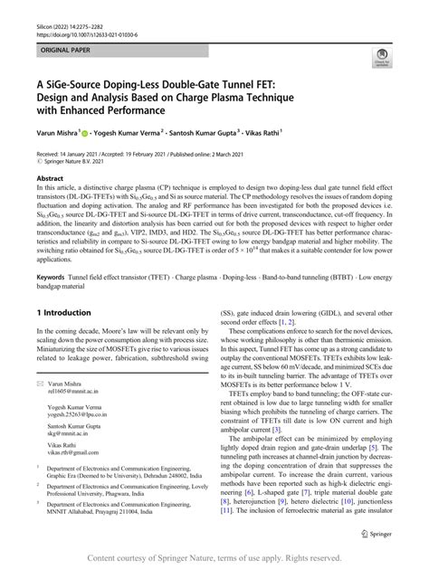 A Sige Source Doping Less Double Gate Tunnel Fet Design And Analysis