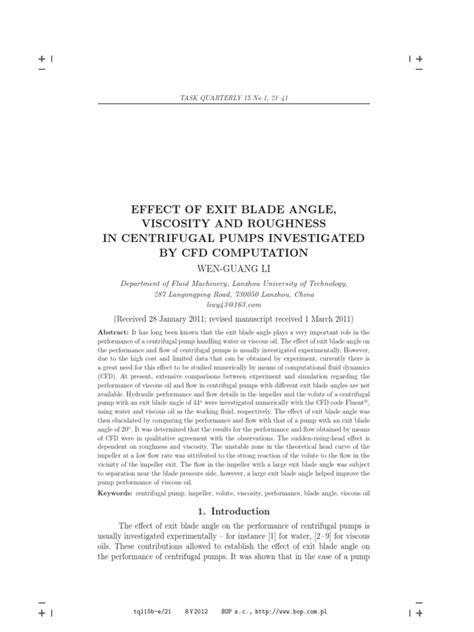 Pdf Effect Of Exit Blade Angle Viscosity And Roughness In Centrifugal Pumps Investigated By