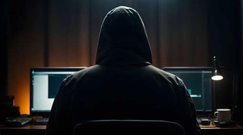 Premium Ai Image Hacker Using Laptop In Dark Office At Night Man In Hood And Mask Working On