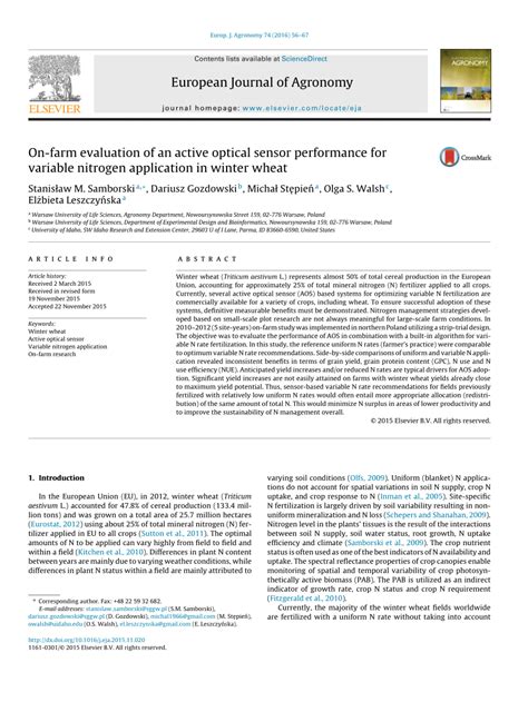 Pdf On Farm Evaluation Of An Active Optical Sensor Performance For Variable Nitrogen