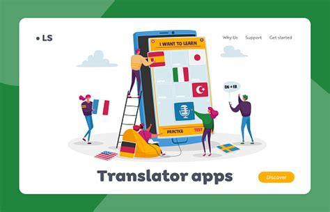 학생 웨비나 또는 온라인 수업 교육 방문 페이지 템플릿 외국어를 배우는 작은 캐릭터 개념에 대한 스톡 벡터 아트 및 기타 이미지