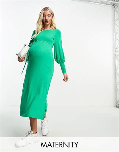 Mamalicious Zwangerschapskleding Midi Jurk Met Lage Ronde Rug En Strikceintuur In Groen Asos