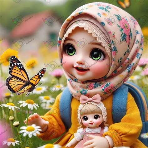 بک گراند کودکانه دختر کوچولوی ناز با حجاب و عروسکش در دشت گلهای بابونه