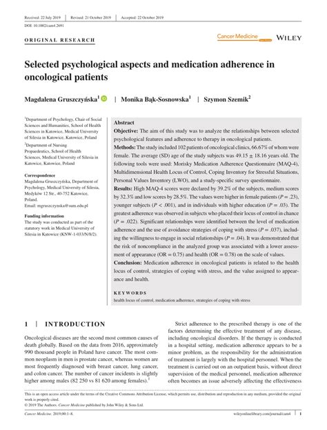 Pdf Selected Psychological Aspects And Medication Adherence In