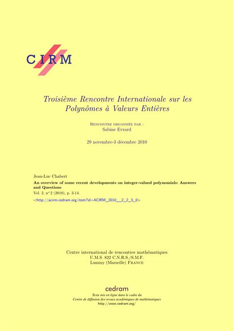 Pdf An Overview Of Some Recent Developments On Integer Valued