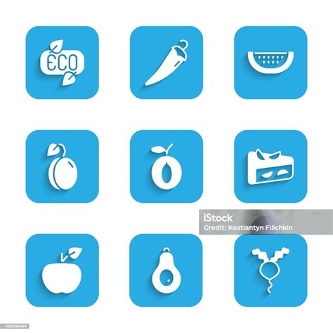 매실 과일 아보카도 무 수제 파이 사과 수박 및 잎 에코 기호 아이콘을 설정합니다 벡터 0명에 대한 스톡 벡터 아트 및 기타 이미지 Istock