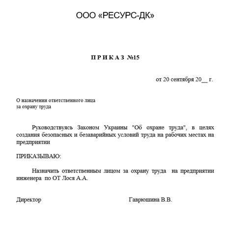 Образец приказа о назначении ответственного за проведение вводного инструктажа по охране труда