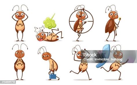 다양한 감정과 행동을 보여주는 애니메이션 만화 바퀴벌레 캐릭터 세트 벡터 일러스트레이션 0명에 대한 스톡 벡터 아트 및 기타 이미지 0명 감정 개념 Istock