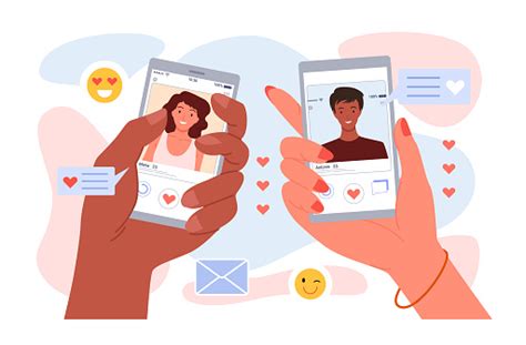 만화 남성 여성의 손 은 화면에 데이트 채팅 응용 프로그램과 흰색에 고립 된 젊은 남자와 여자의 초상화와 휴대 전화를 들고 온라인 로맨틱 데이트 대화 가상 회의 벡터