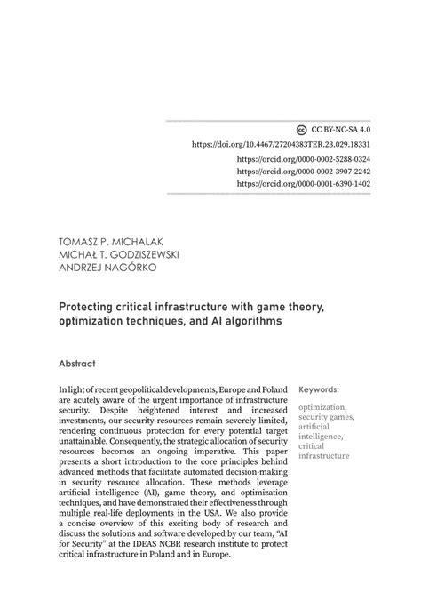 Pdf Protecting Critical Infrastructure With Game Theory Optimization Techniques And Ai