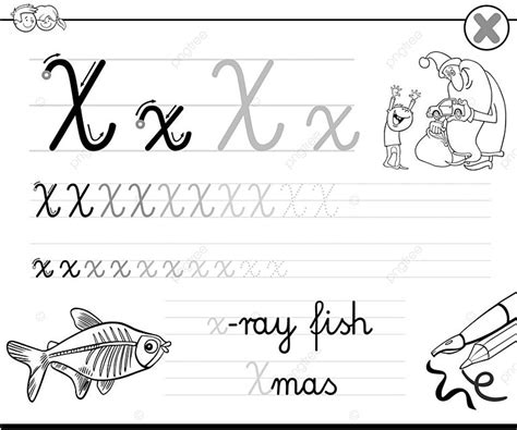 취학 전 및 초등학교 연령 어린이 색칠 공부를위한 편지 X 워크 시트로 쓰기 기술 연습의 흑백 일러스트 만화 그림 템플릿 Psd 다운로드 디자인 자료 다운로드