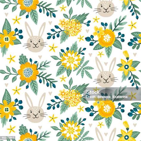 벡터 원활한 패턴 귀여운 토끼 아름 다운 꽃과 잎과 열매 밝은 부활절 토끼와 텍스처입니다 봄 또는 여름 정원 반복된 배경입니다 0명에 대한 스톡 벡터 아트 및 기타 이미지