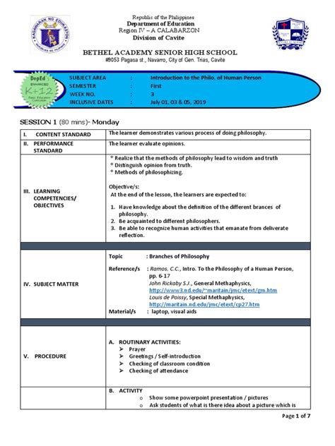 Lesson Plan Iphp Week 2 Branches Of Philo Pdf Metaphysics Reason