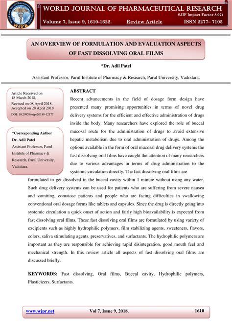 Pdf An Overview Of Formulation And Evaluation Aspects Of Fast Dissolving Oral Films