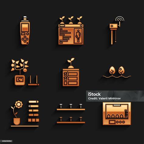 스마트 농업 기술 자동 관개 스프링클러 계란 인큐베이터 식물 꽃 상태 라우터 및 Wifi 신호 및 휴대용 센서 아이콘을 설정합니다 벡터 검은색에 대한 스톡 벡터 아트 및
