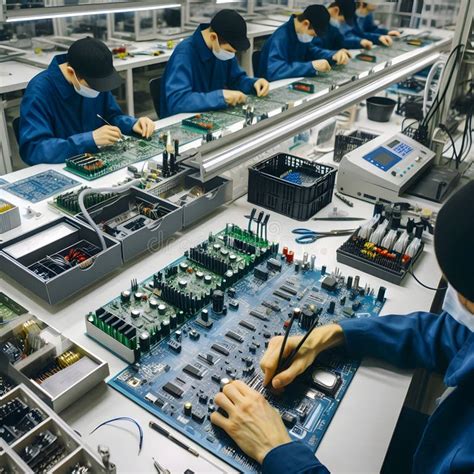 Technicians Assembling Electronic Circuit Boards In Modern Factory