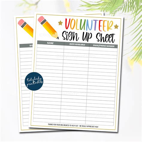 Teacher Volunteer Printable School Pto Pta Sign Up Sheet Etsy In 2022