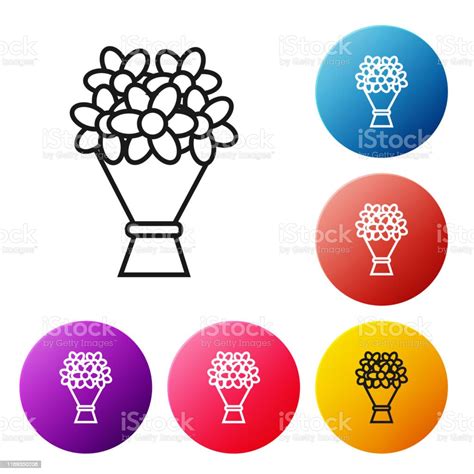 흰색 배경에 고립 된 꽃 아이콘의 검은 선 꽃다발입니다 아이콘 다채로운 원 버튼을 설정합니다 벡터 일러스트레이션 고리 세공에 대한 스톡 벡터 아트 및 기타 이미지 Istock