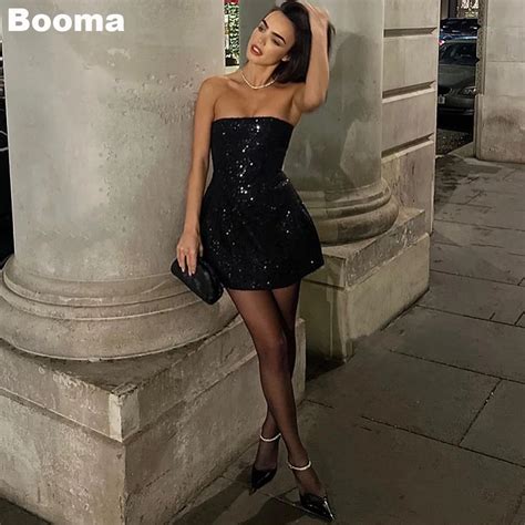 Booma Siyah Seksi Glitter Kokteyl Elbiseleri Straplez Payetli Balo