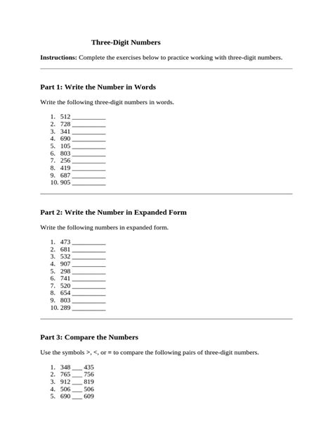 Three Digit Number Practise Pdf