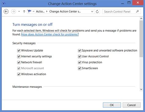 Windows Action Center Security Message Settings