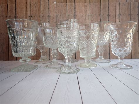 Vintage Mismatched Clear Glass Goblets Wine Glasses Set Of 8 Mix And