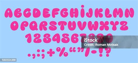 장난기 넘치는 90년대와 Y2k 스타일의 핑크 버블 글꼴 대문자 숫자 푹신한 만화 디자인의 기호 벡터 일러스트레이션 컴퓨터 글자에 대한 스톡 벡터 아트 및 기타 이미지