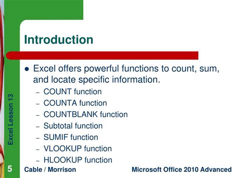 Ppt Excel Lesson 13 Using Powerful Excel Functions Powerpoint