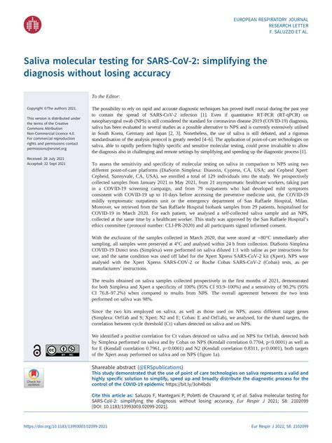 Pdf Saliva Molecular Testing For Sars Cov 2 Simplifying The Diagnosis Without Losing Accuracy