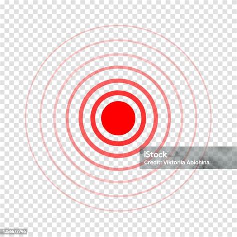 통증 점 아이콘입니다 붉은 상처 기호 투명 한 배경에 격리 된 동심 통증 지역화 기호 레이더 또는 수중 음파 탐지기 파도 벡터 일러스트레이션 아픔에 대한 스톡 벡터 아트 및