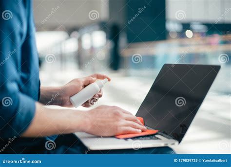 Close Up Man Wiping Dust From The Laptop Keyboard Stock Image Image Of Health Housecleaning