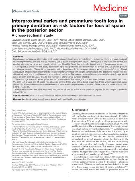 Download Pdf Interproximal Caries And Premature Tooth Loss In Primary Dentition As Risk